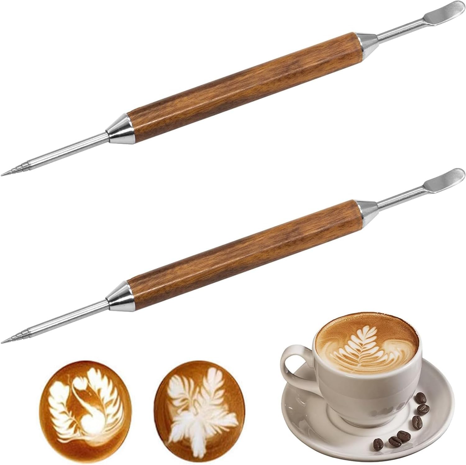 2-Pack Latte Art Pen Set, Stainless Steel Coffee Drawing Tool with Wood ...