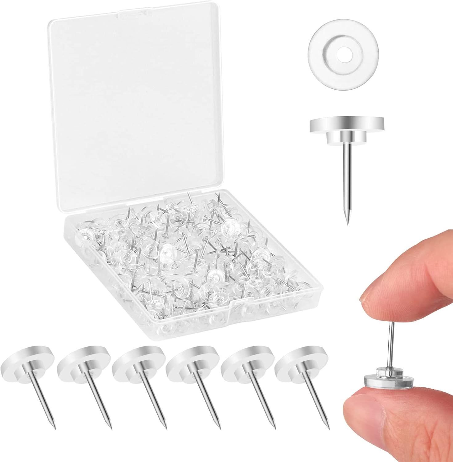 Pack of 200 Transparent Thumbtacks, Length 17 mm, Wall Tacks, Flat ...