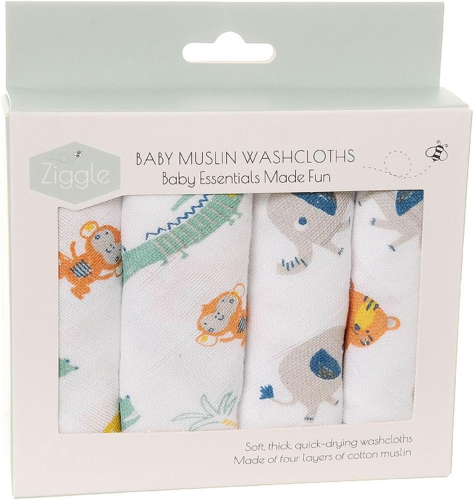 Ziggle Baby Wash Cloths 25x25 cm, 4 Muslin Cotton Reusable Face & Body ...