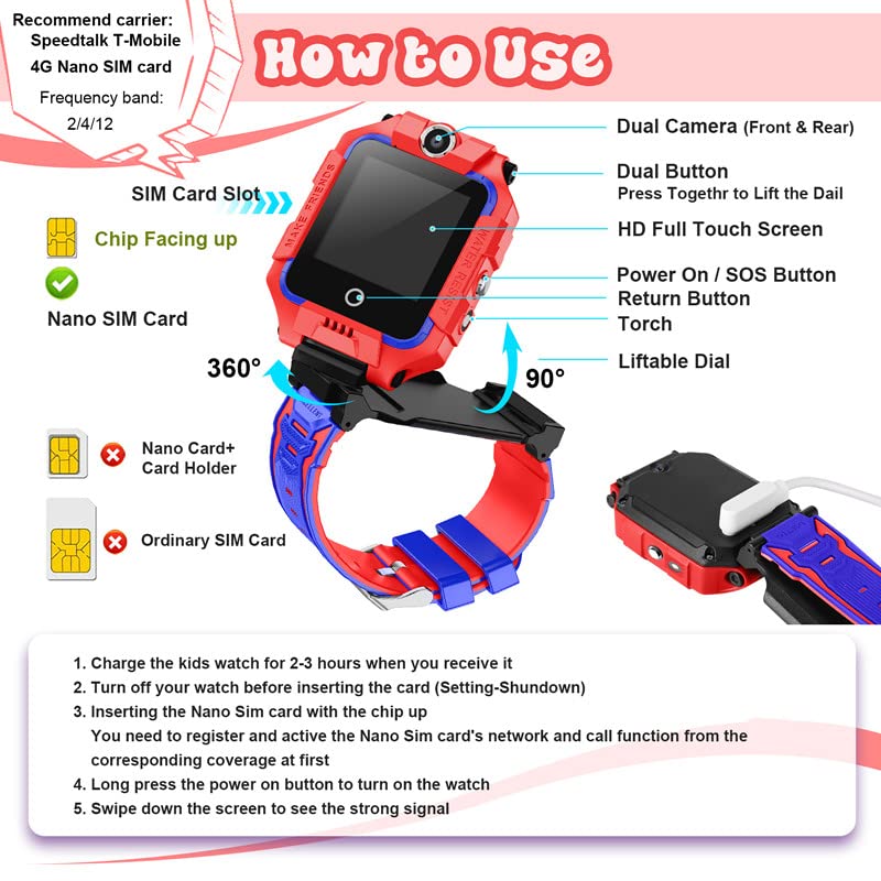 LiveGo 4G Kids Smart Watch with SIM Card, Liftable Waterproof Safe ...