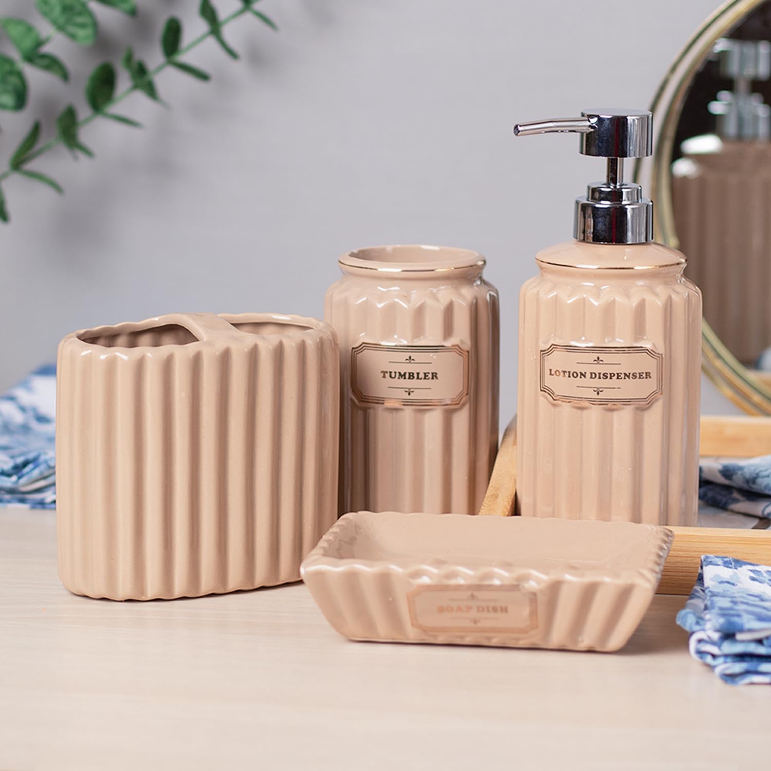 Market99 Beige Ceramic Bathroom Set of 4 - Ribbed Design, Bath ...