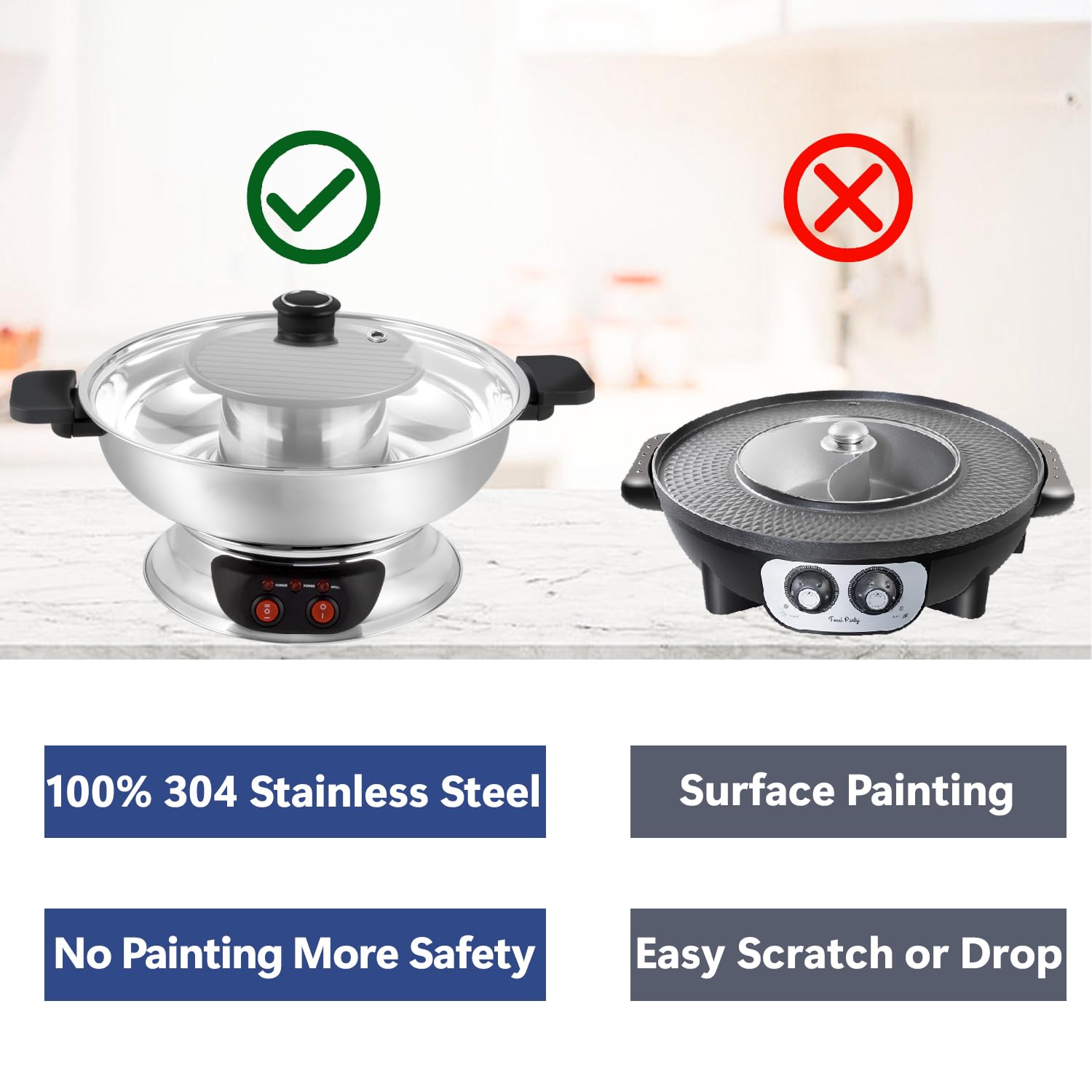 2 in 1 Hot Pot with Grill, Shabu Shabu Pot 304 Stainless Steel 1200W ...