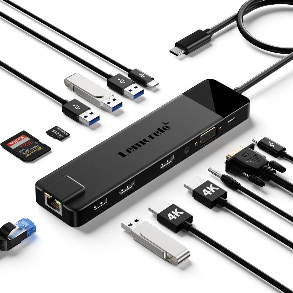 Lemorele 13 in 1 USB C Docking Station Triple Monitor, Multiport Hub ...