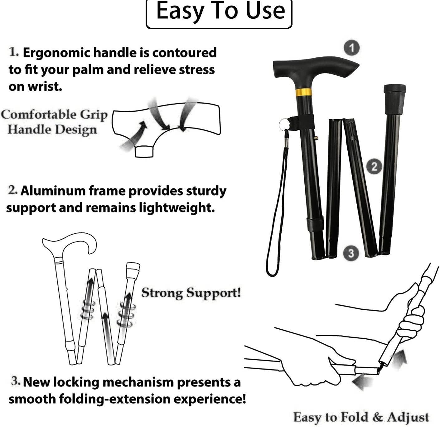 WSNDY Walking Stick, Adjustable Folding Walking Cane with Ergonomic ...