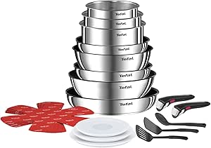 Tefal Ingenio Emotion L897SK04 20-Piece Stainless Steel Stackable Cookware for 5 Years Non-Stick ...