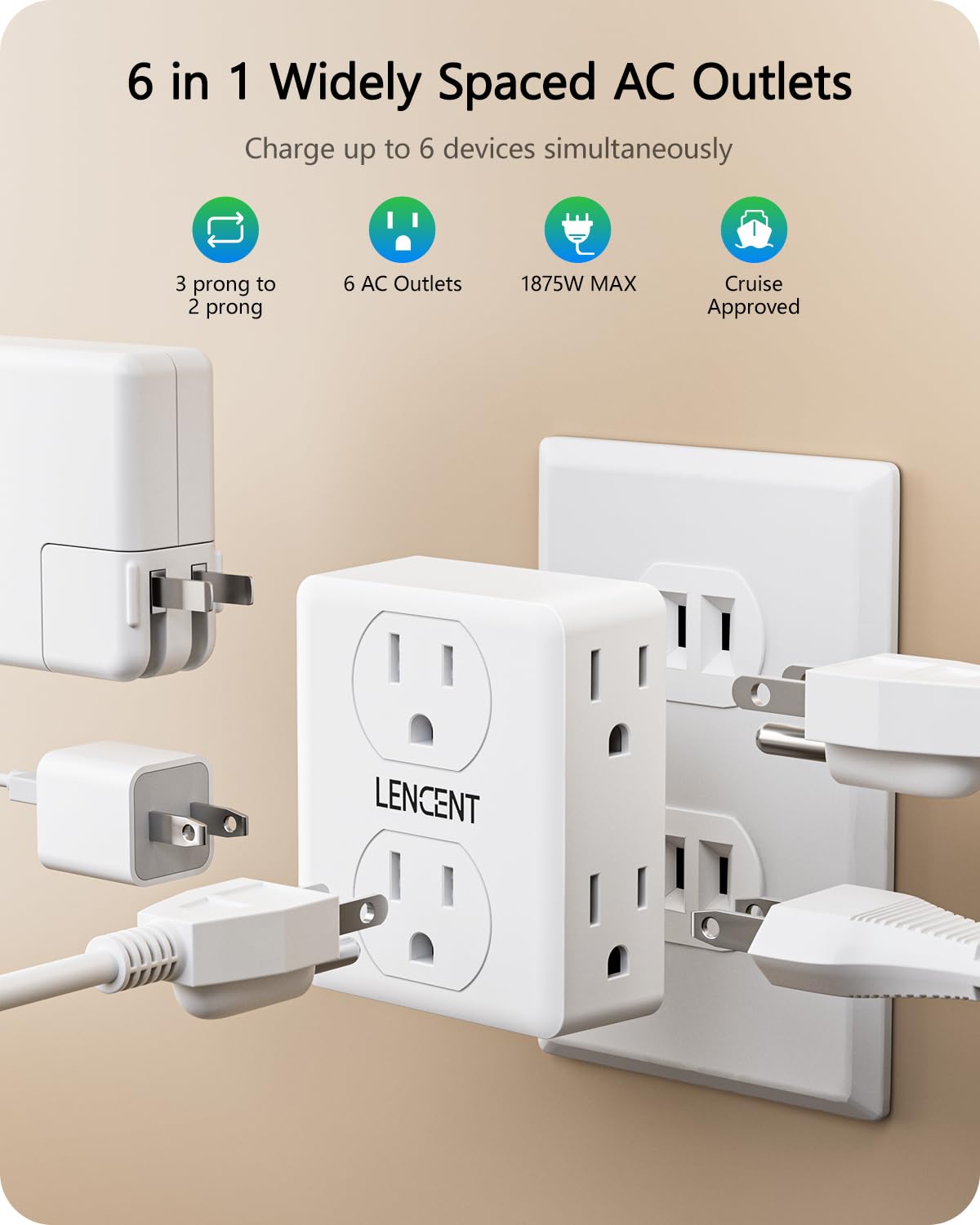Snapklik.com : 2 To 3 Prong Outlet Adapter, 2 Prong Power Strip, 6 ...