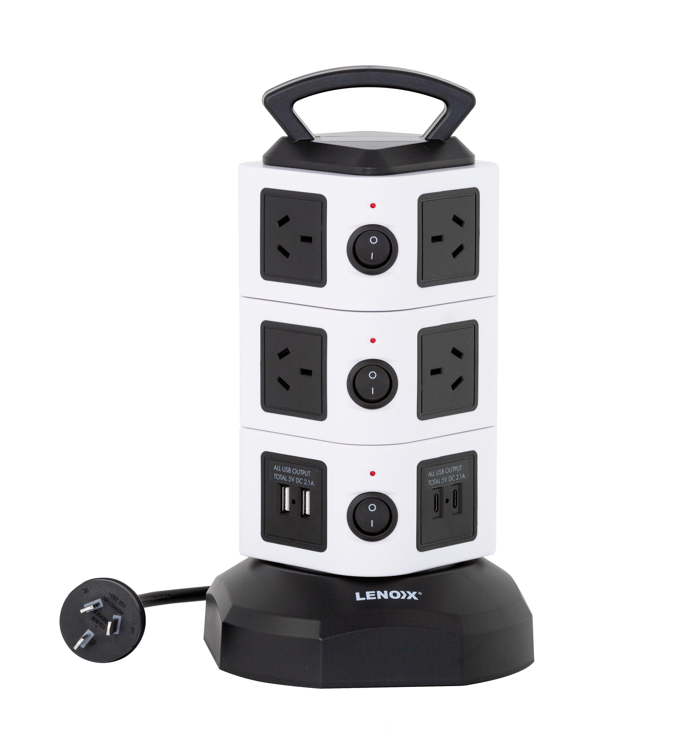 Lenoxx Tower Power Board Surge Protector - 10 Outlets, 2 USB-A Ports, 2 ...