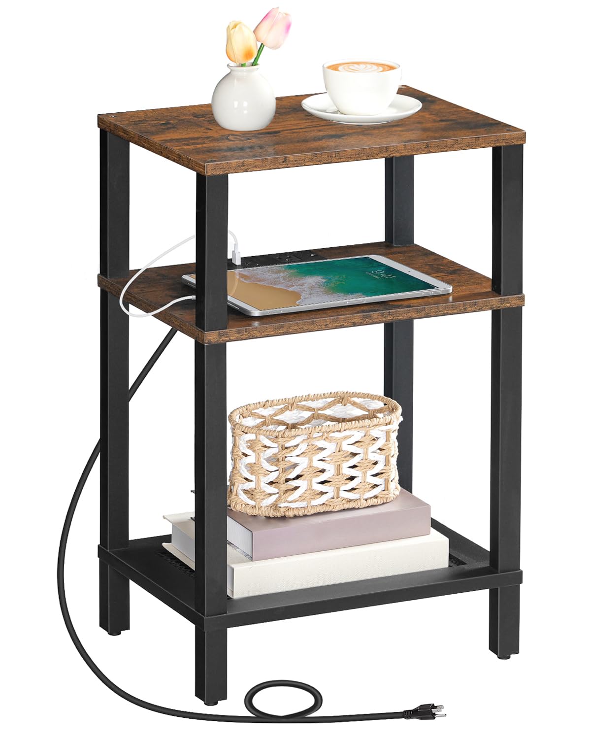 HOOBRO Side Table with Charging Station, End Table with USB Ports and ...