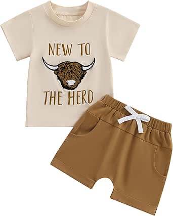 Amazon.com: Omkzanbi Highland Cow Baby Boy Clothes New to the Herd Embroidery Shirt Casual ...