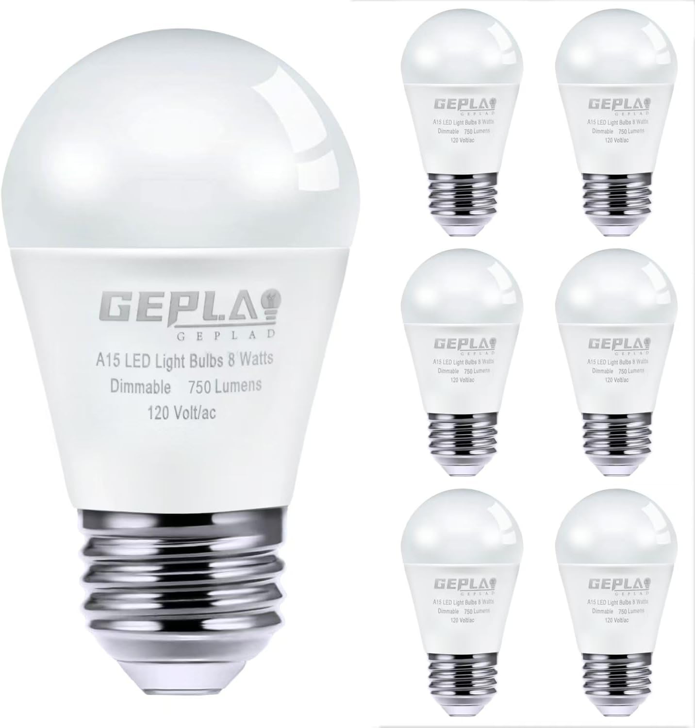 GEPLAD 6 Pack A15 Light Bulbs 60W Equivalent, 8W LED Refrigerator Bulbs ...
