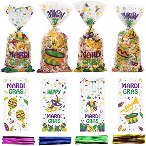Amazon.com: 100 Pcs Mardi Gras Gift Bags - 4 Design Cellophane Treat ...