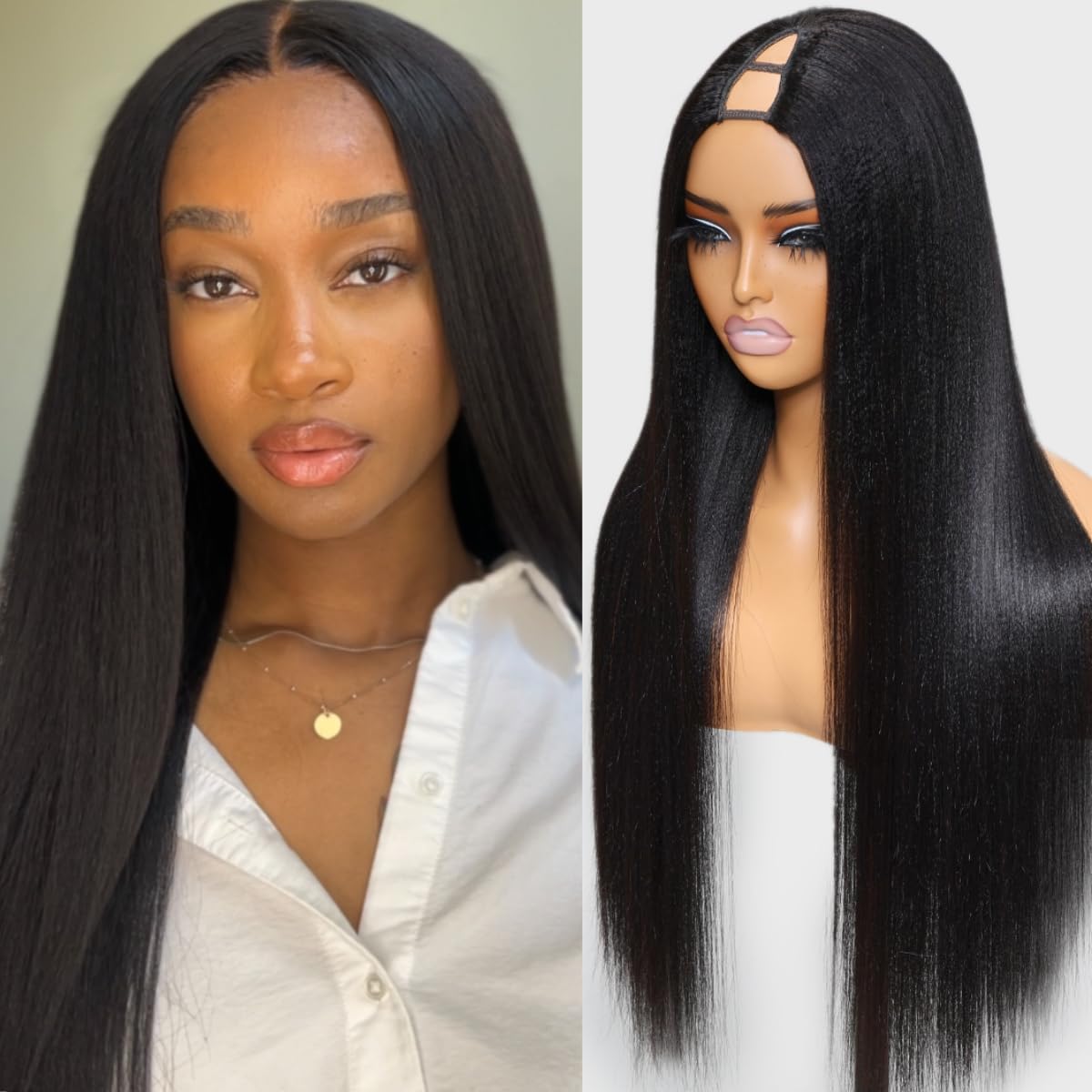 Amazon.com : Nadula V Part Wig Yaki Straight Human Hair No Leave Out Glueless Upgraded U Part ...