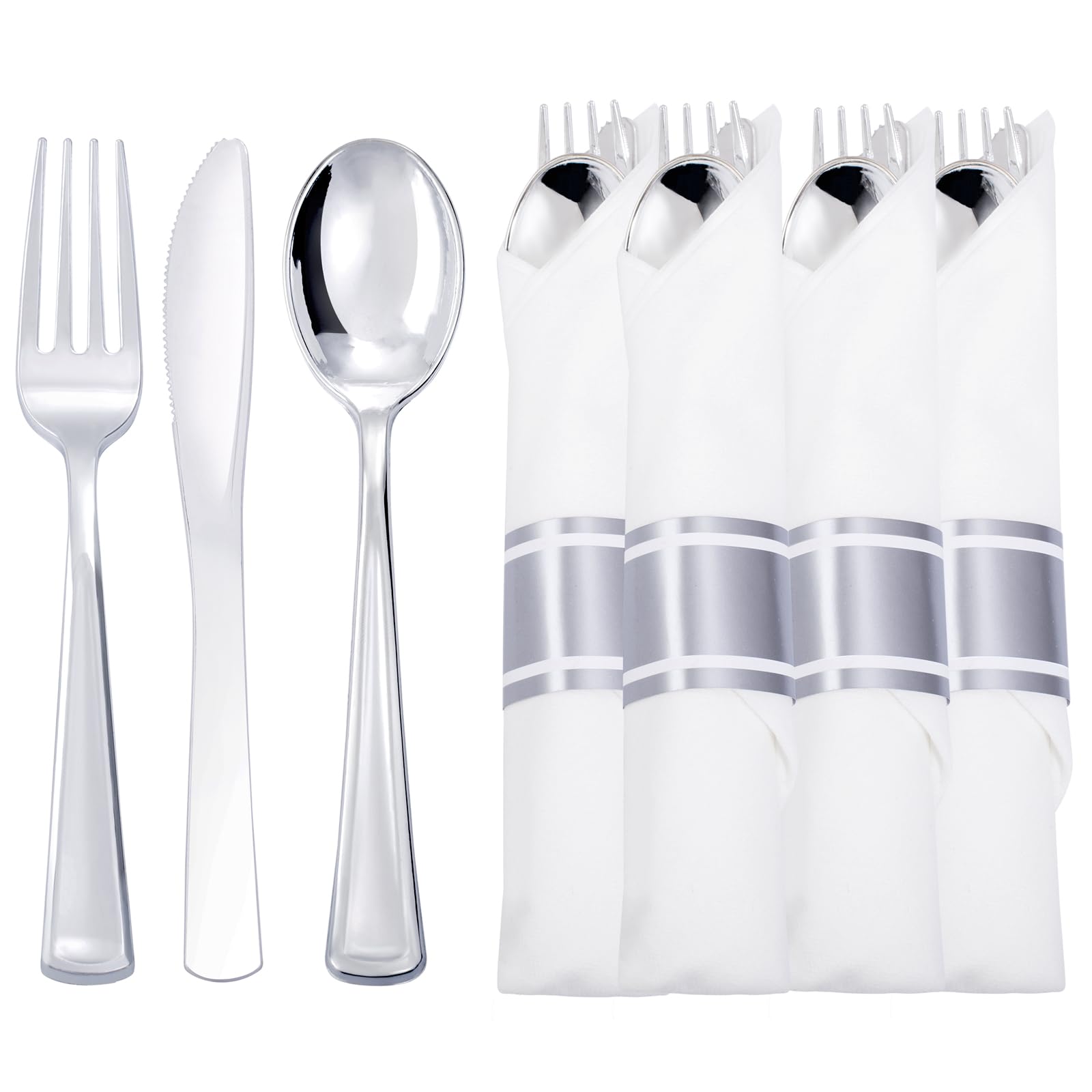 Amazon.com: Liacere 100 Pack Silver Plastic Silverware - Pre Wrapped ...