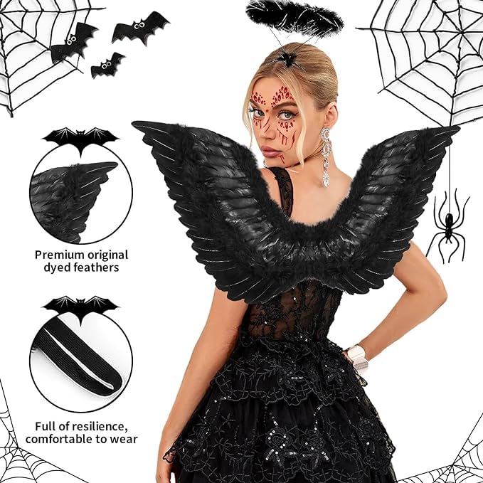 Humairc Black Angel Wings Costume Halloween Costumes Woman Devil Horns ...