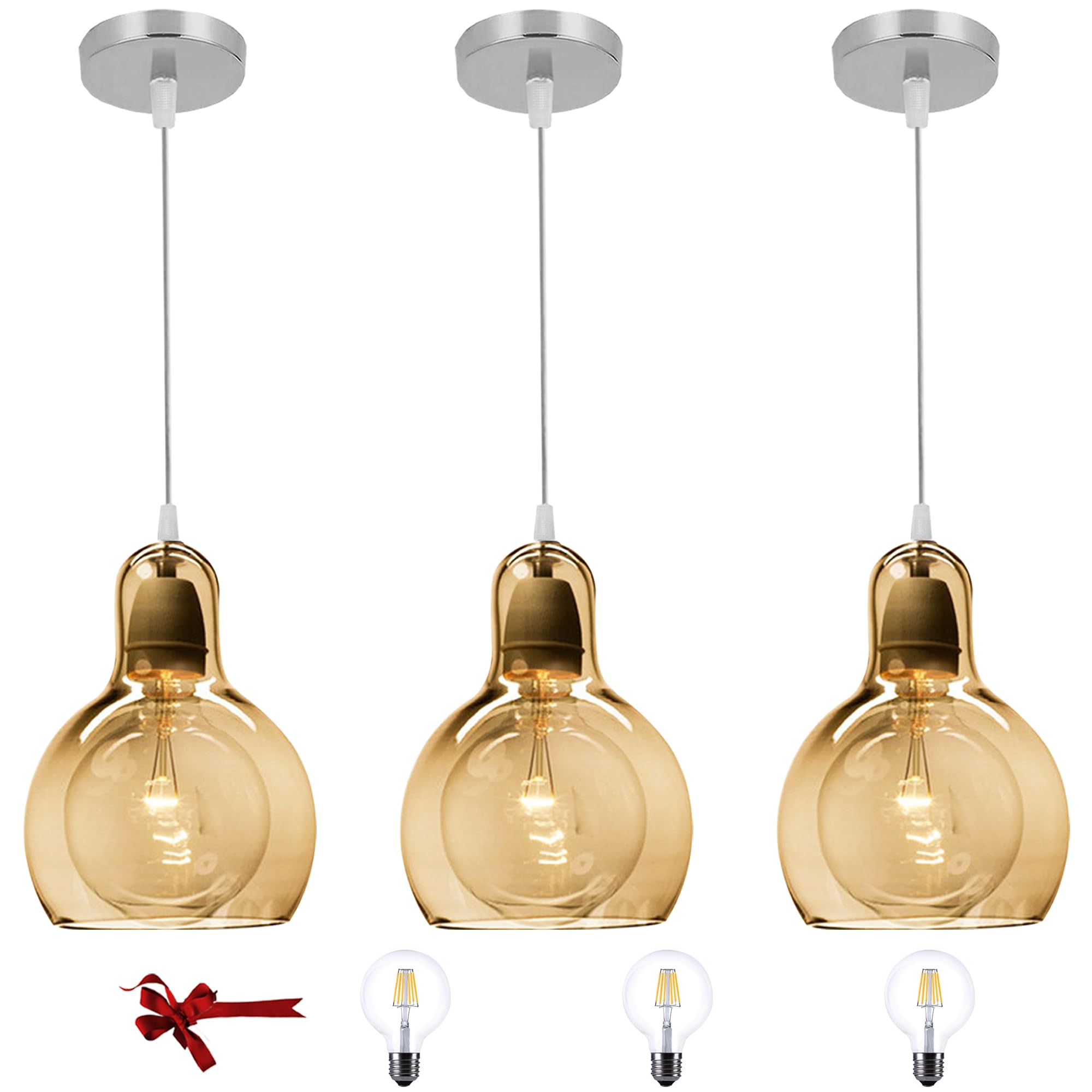 Bravsekai Modern Amber Glass Kitchen Pendant Light, with G80 Bulb (6W ...