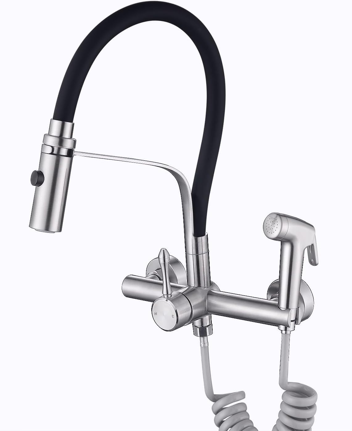 Wall Mount Kitchen Faucet with Side Sprayer & Swivel Spout - 8Inch ...