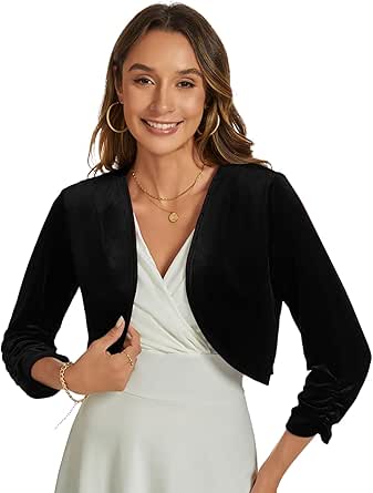 YOUNIFIZ Womens Velvet Bolero Shrug Elegant Open Front Ruched 3/4 ...
