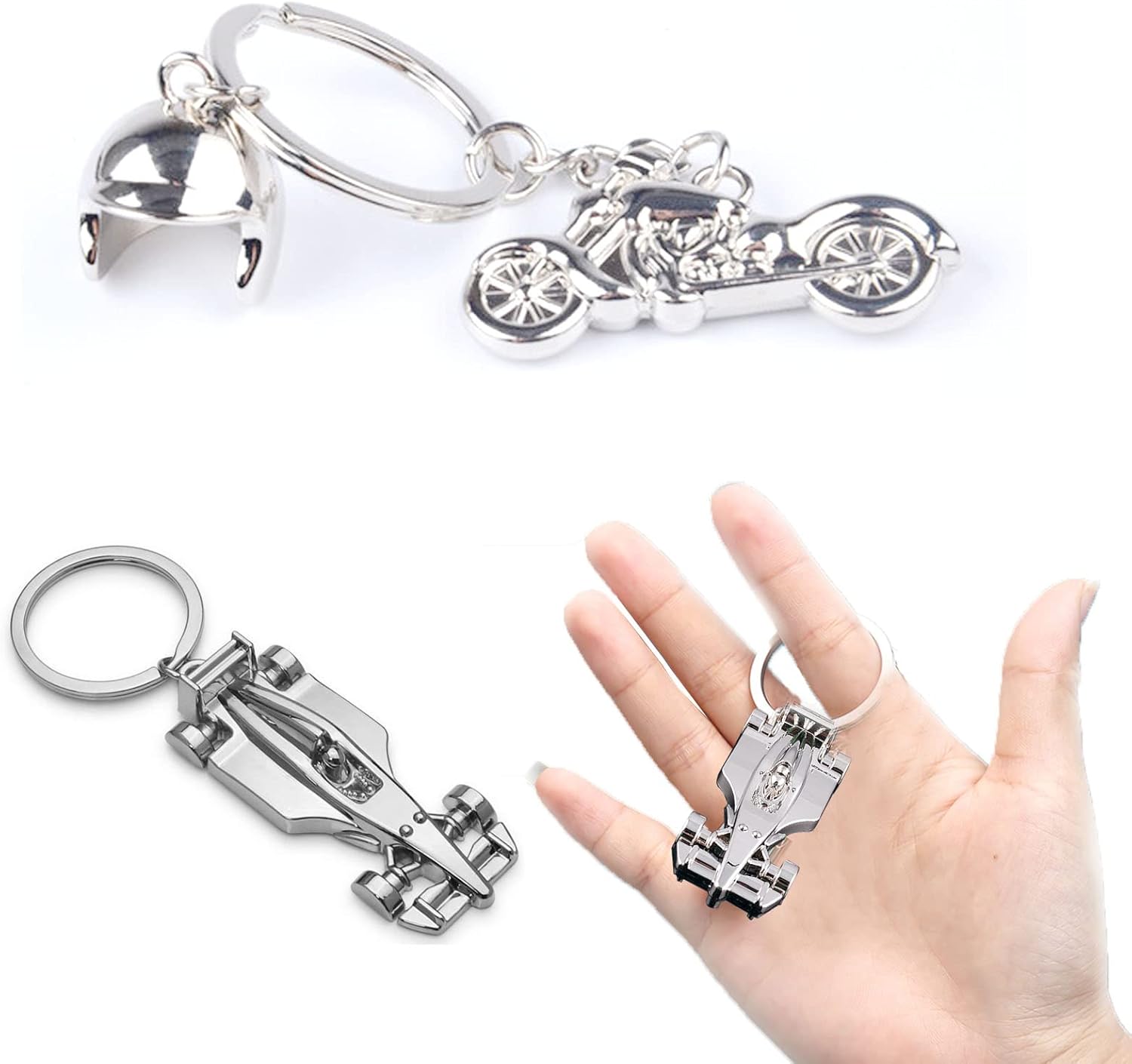 DKDDSSS 2PCS Silver Racing Car Keyring, 3D Metal Motor Bike Keyring ...