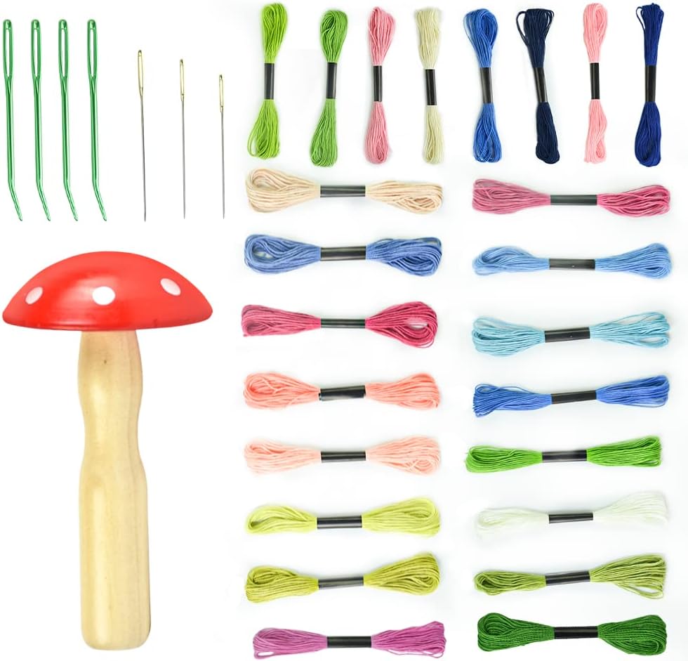 Darning Kit Wooden Darning Mushroom Darning Needles and 24 Colors ...