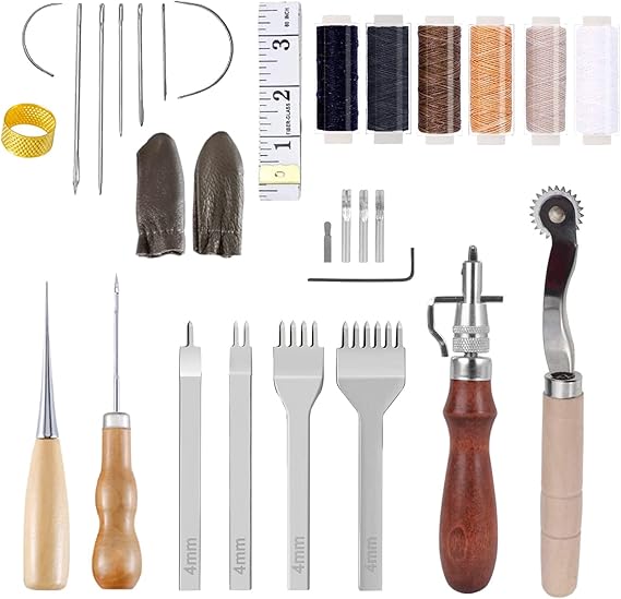 Leather Working Tools Kit - Groover, Prong Punch, Waxed Thread, Sewing ...