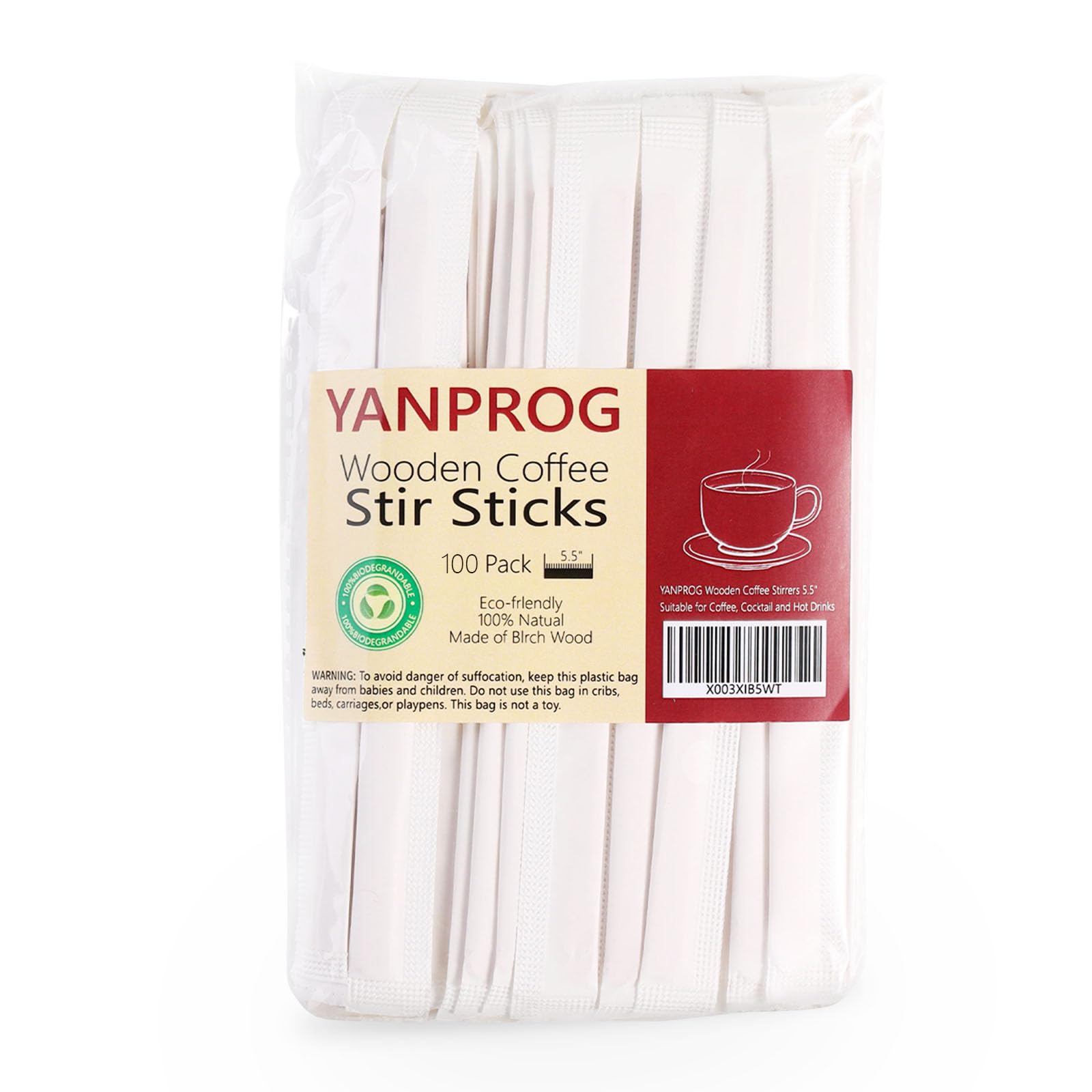 Amazon.com: YANPROG Wooden Coffee Stirrers Individually Wrapped 5.5 ...