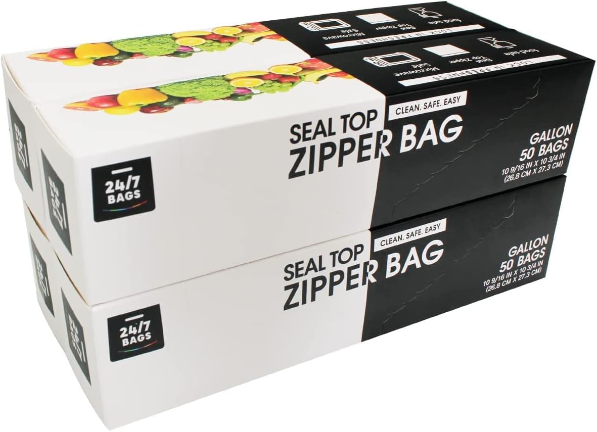 24/7 Bags - Double Zipper Storage Bags, Gallon Size, 200 Count (4 Packs ...