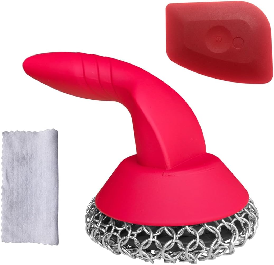 Amazon.com: Cast Iron Scrubber with Pan Scraper & Towl, 316 Chainmail Scrubber with Long Handle ...