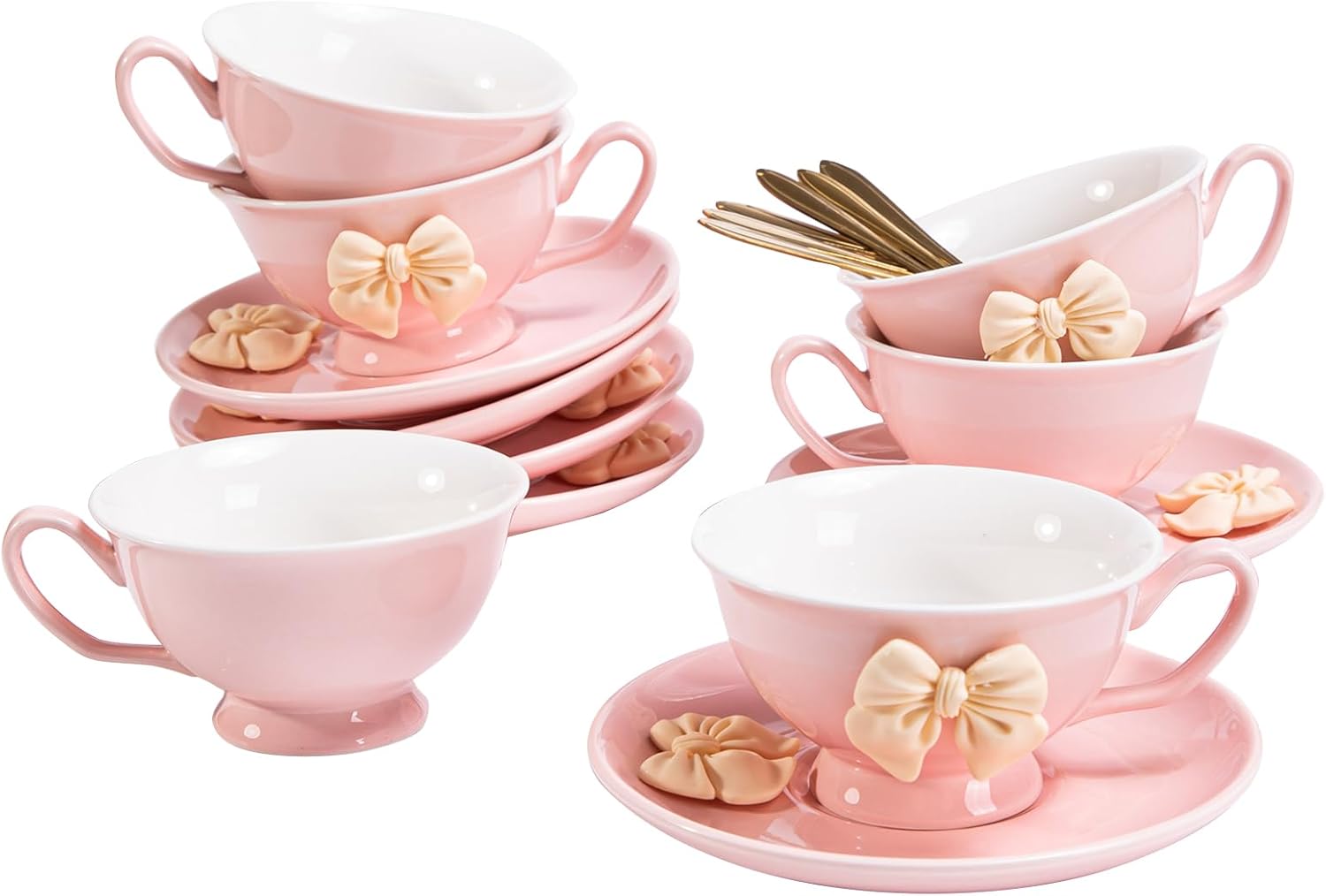 Amazon.com | Orekih Coffee Mug 6 Piece Set, Bowknot Cup,With Saucer ...