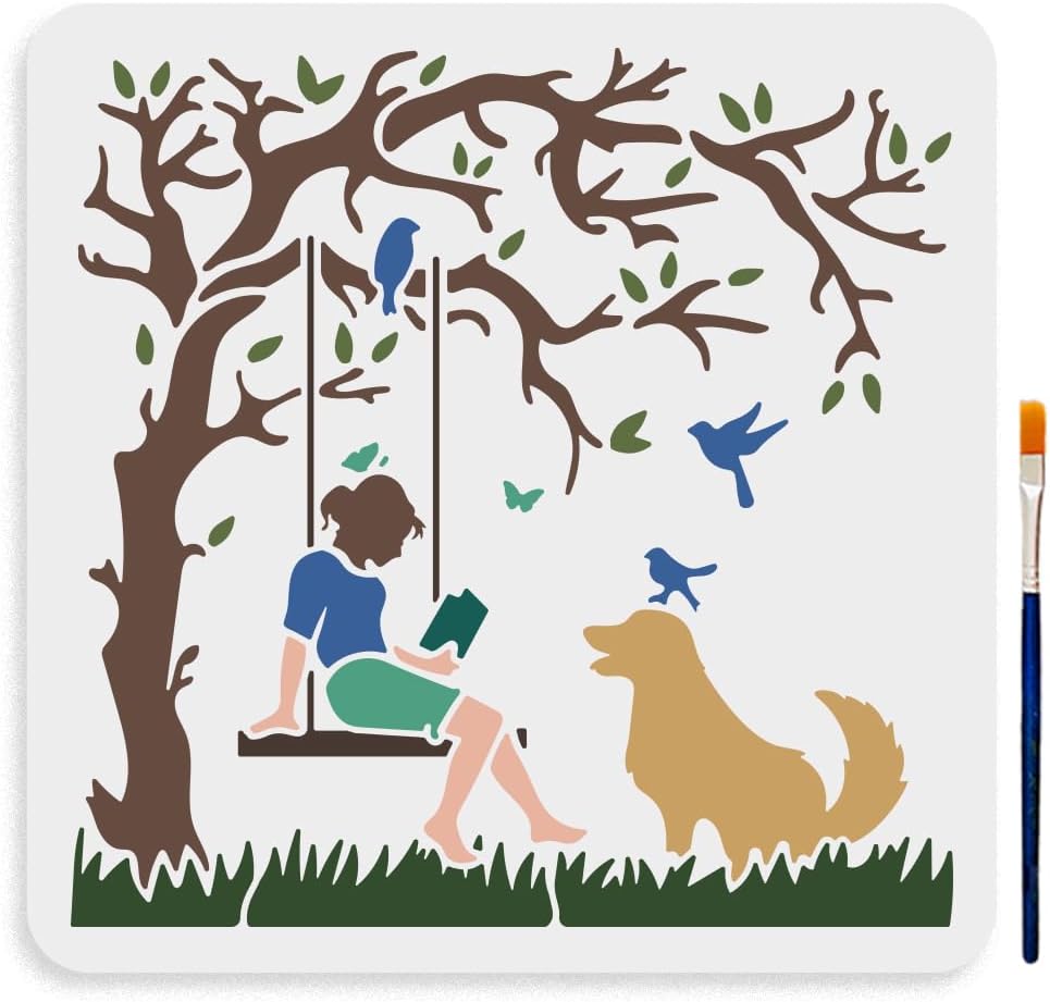 Amazon.com : MAYJOYDIY Girl Reading Tree Dog Stencil 11.8×11.8inch ...