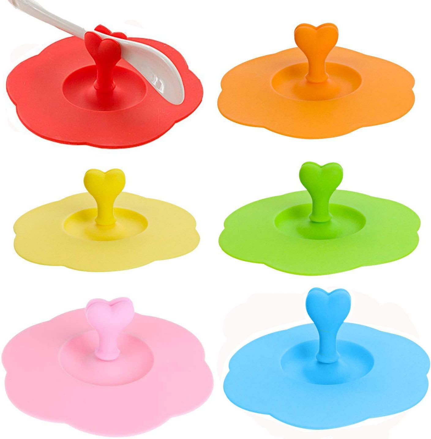 Amazon.com: HappyDaily 6 Pack Lovely Heart Silicone Cup Lid with Spoon ...