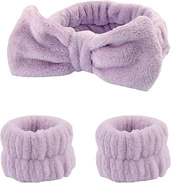 Amazon.com: Plush Spa Headband Wristbands Cute Bowtie Coral Fleece ...