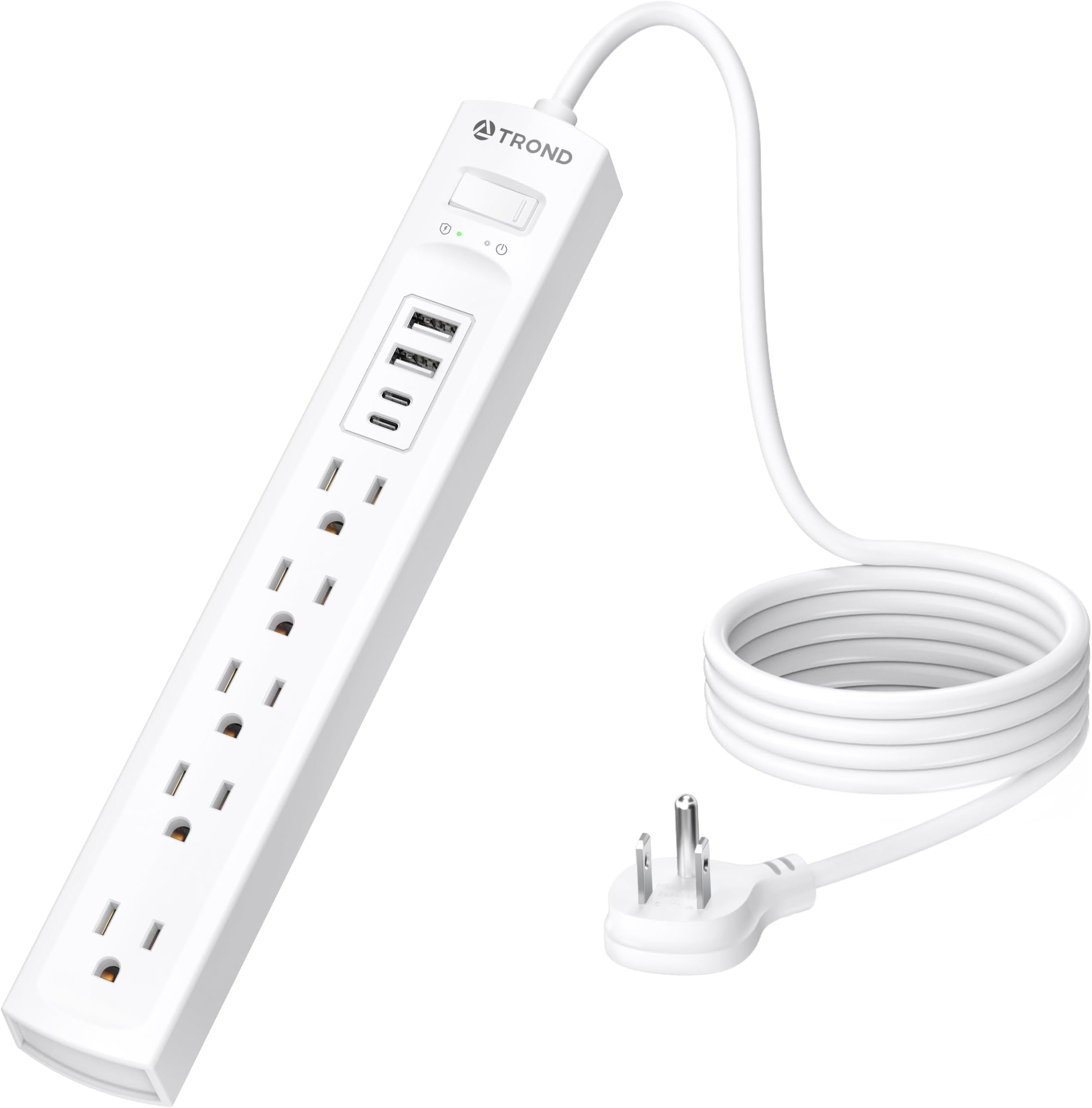 TROND Flat Plug Power Bar with 2 USB C, 6ft Surge Protector Extension ...