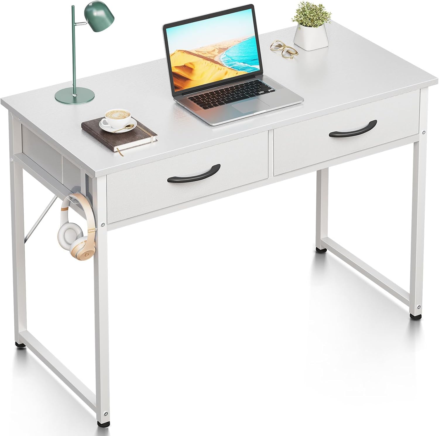 ODK 40 Inch Small Desk with Fabric Drawers- for Bedroom, White Vanity ...