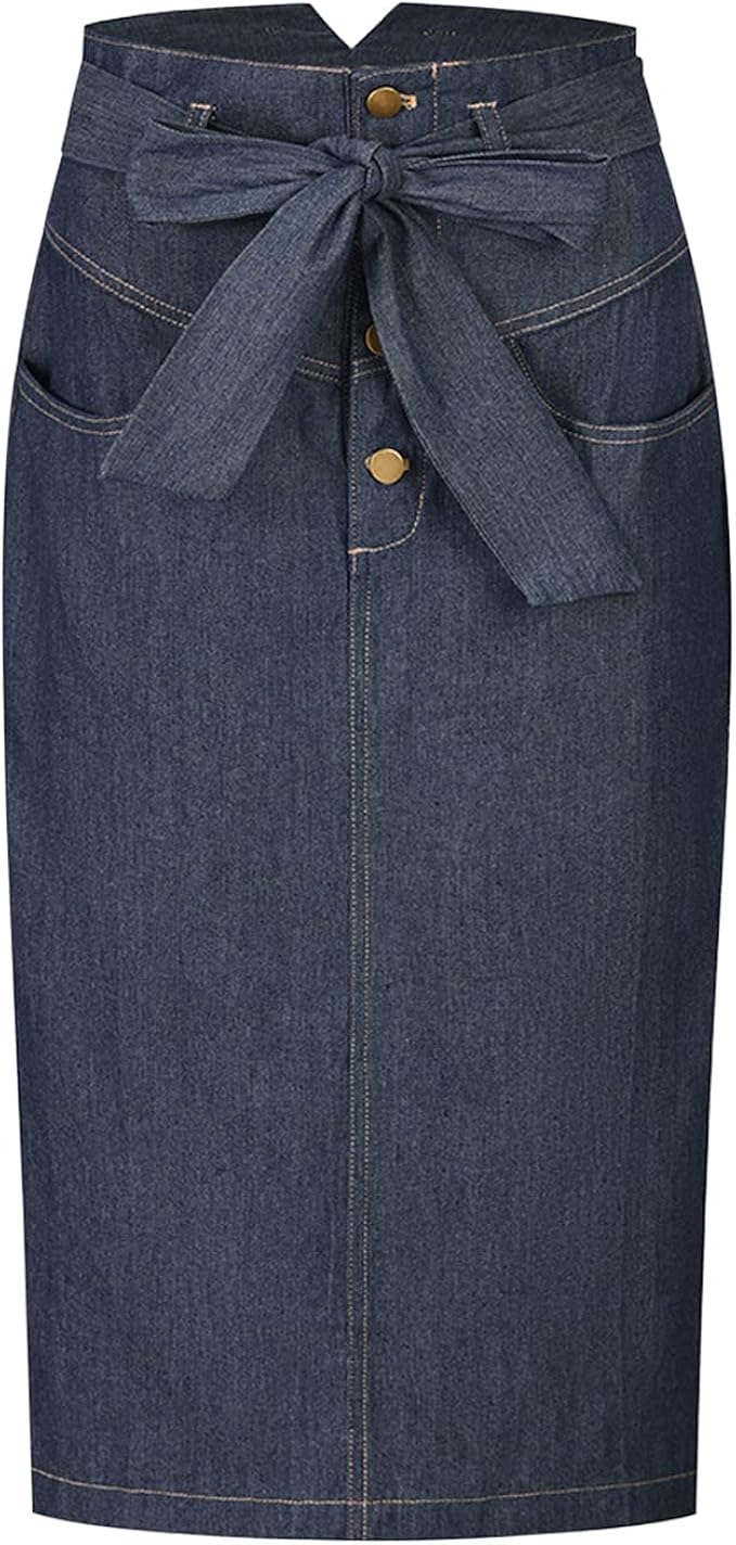 semen Damen Rock Jeans Rock Knielang Bleistift Stretch mit Knöpfen im ...