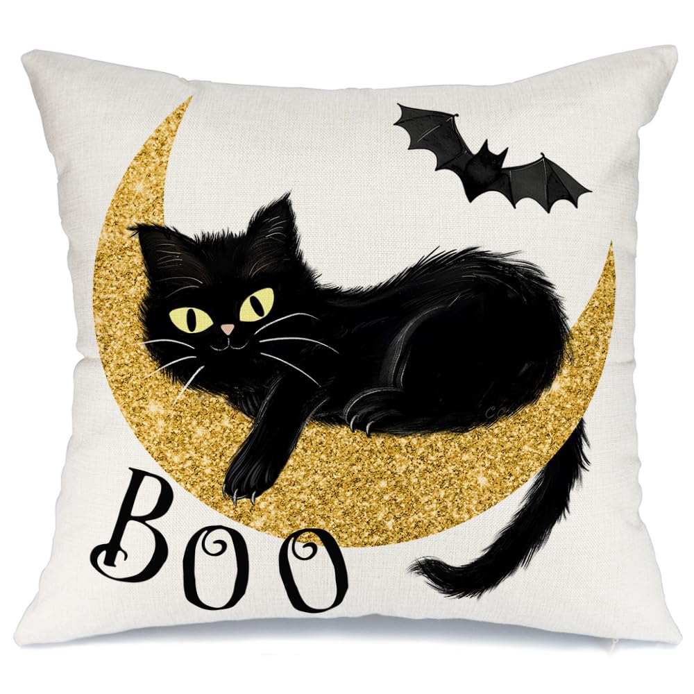 Amazon.com: AACORS Halloween Pillow Cover 18X18 Inch Cat Moon Boo ...