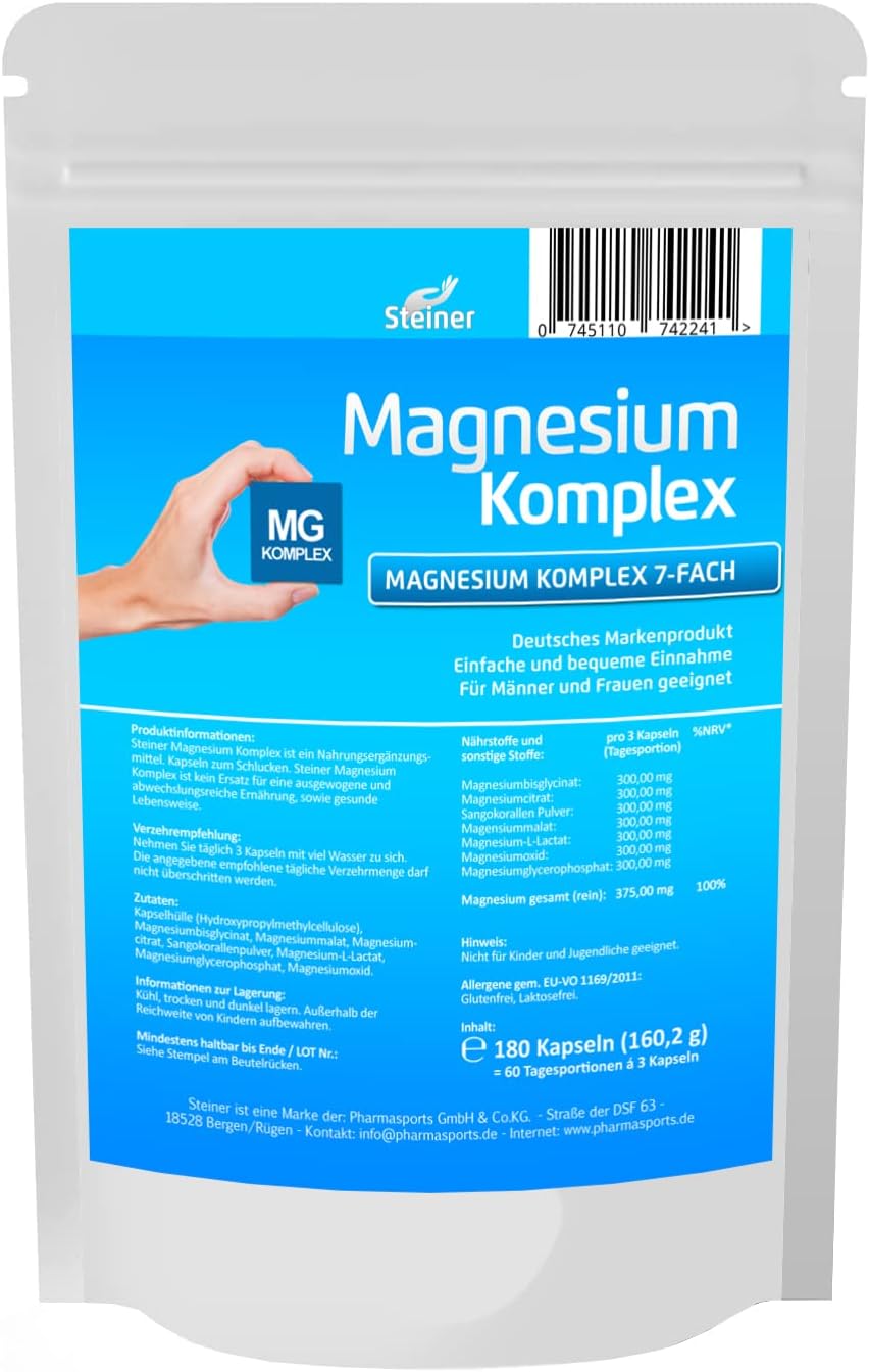 Magnesium Komplex hochdosiert - 180 Kapseln - 7 bioaktive Magnesium ...
