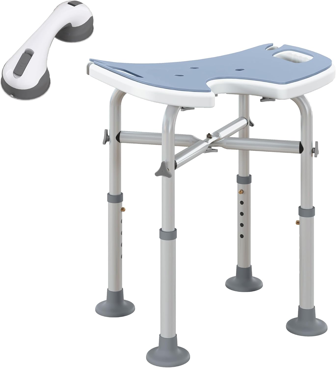 HOMCOM Height Adjustable Shower Stool with Suction Grab Rail, Aluminium ...