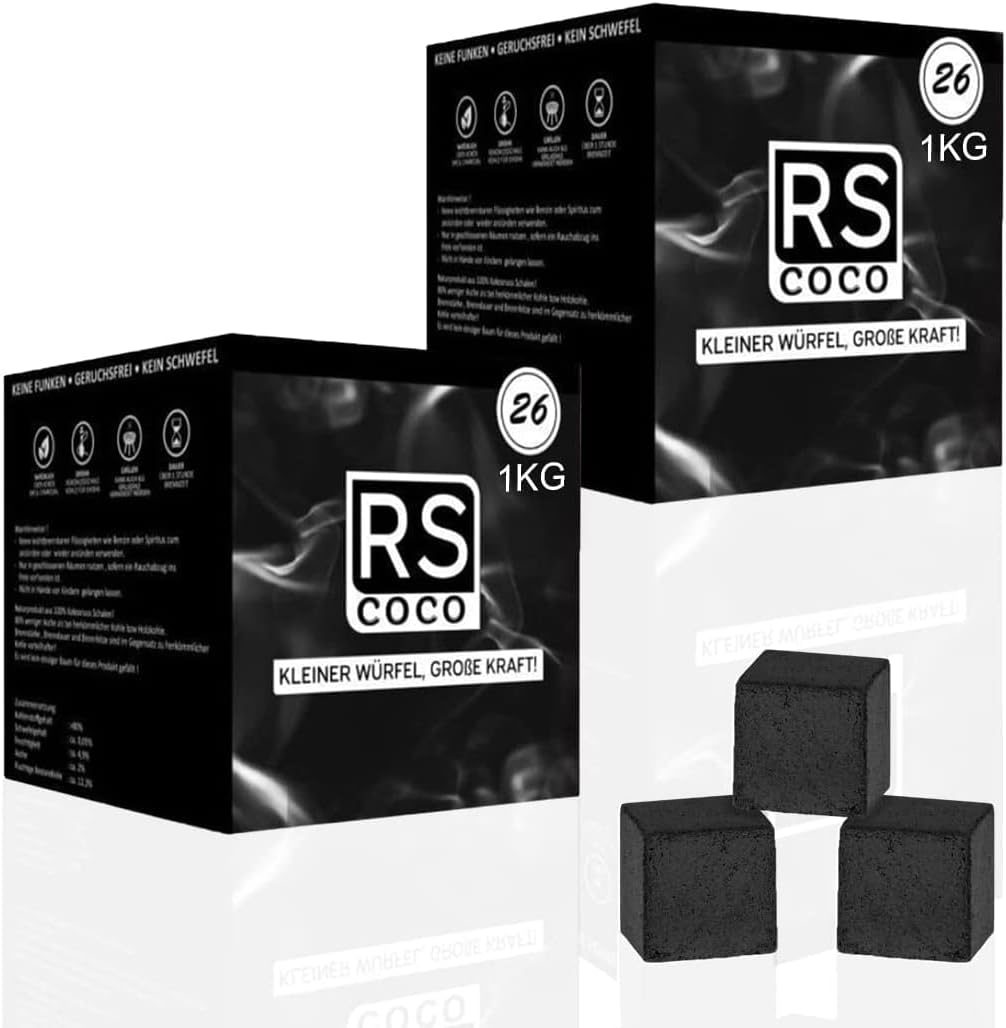 RS COCO 26er 2kg Premium Kokosnuss Kohle - Kokos-Kohle Naturkohle BBQ Kokos Coal Briketts für ...
