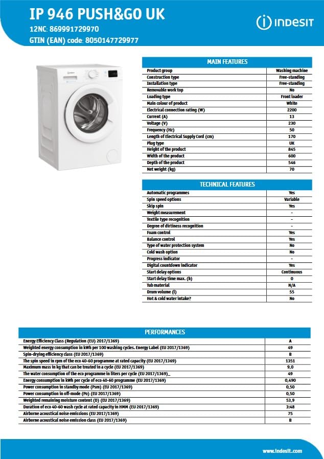 Indesit Push&Go 9kg 1400rpm Washing Machine - IP 946 PUSH&GO UK ...