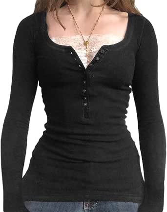 Women Y2k Long Sleeve Shirt Tops Vintage Lace Trim Basic Ribbed Blouse ...