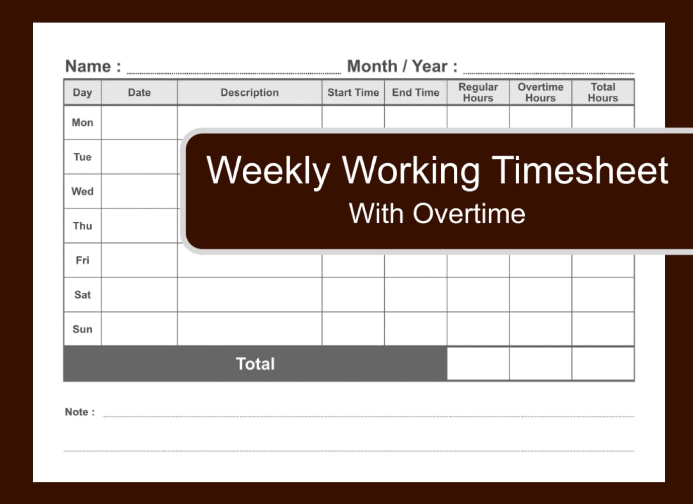Weekly Working Timesheet With Overtime: Simple Time Recording For Track ...