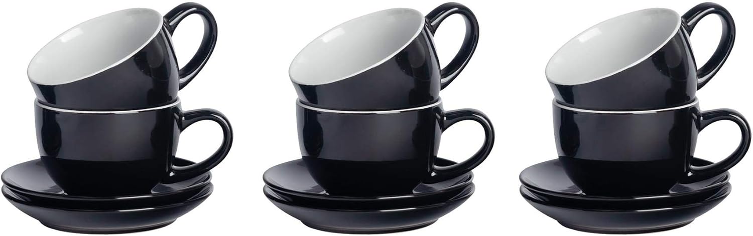 Argon Tableware Black Cappuccino Cups with Saucers - Set of 6-250ml ...