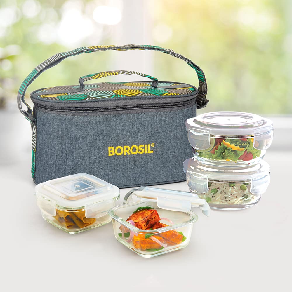 Buy Borosil Foodluck Olive Lunch Boxes Set of 4 (320 ml, 400 ml) with ...