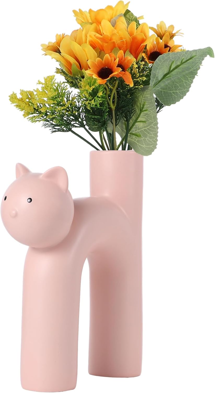 Amazon.com: Pink Cat Shaped Ceramic Vase, Kitty Decorative Vase, Floral ...