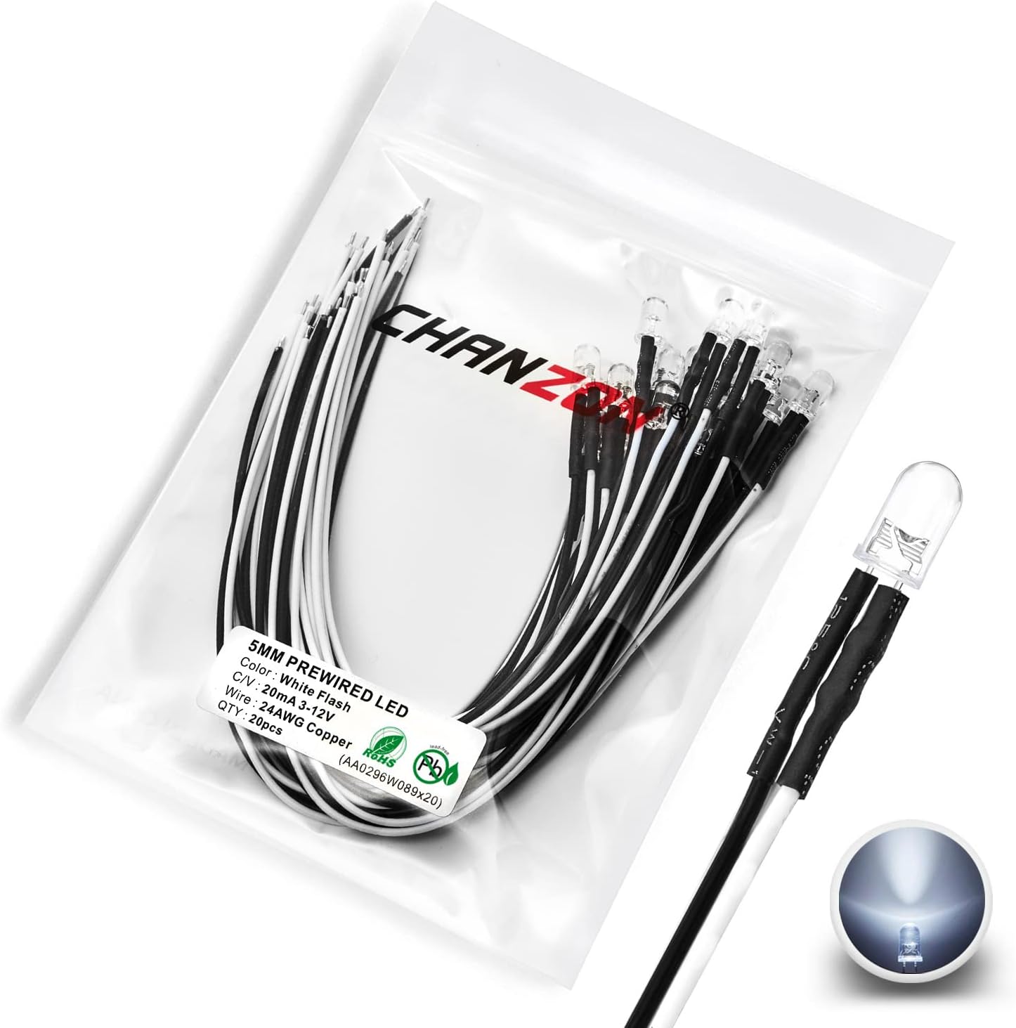 [UL Wire] Chanzon 20 pcs Pre-Wired 5mm White Blinking LED Diode Lights ...