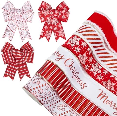 Amazon.com: Whaline 36 Yards 6 Rolls Christmas Ribbon Red White Sripe ...