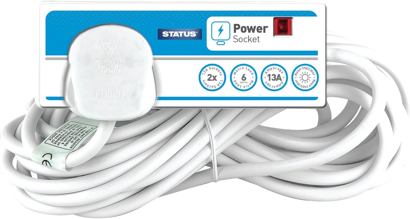 STATUS White Extension Lead, 6m Extension Cable with 2 Sockets with ...
