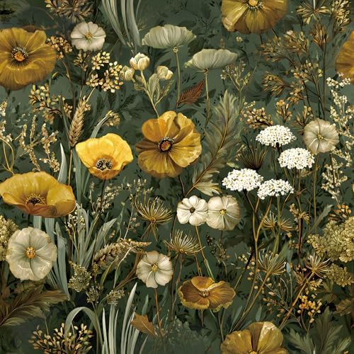 HelloWall Dark Green Floral Wallpaper Peel and Stick Vintage Flower ...