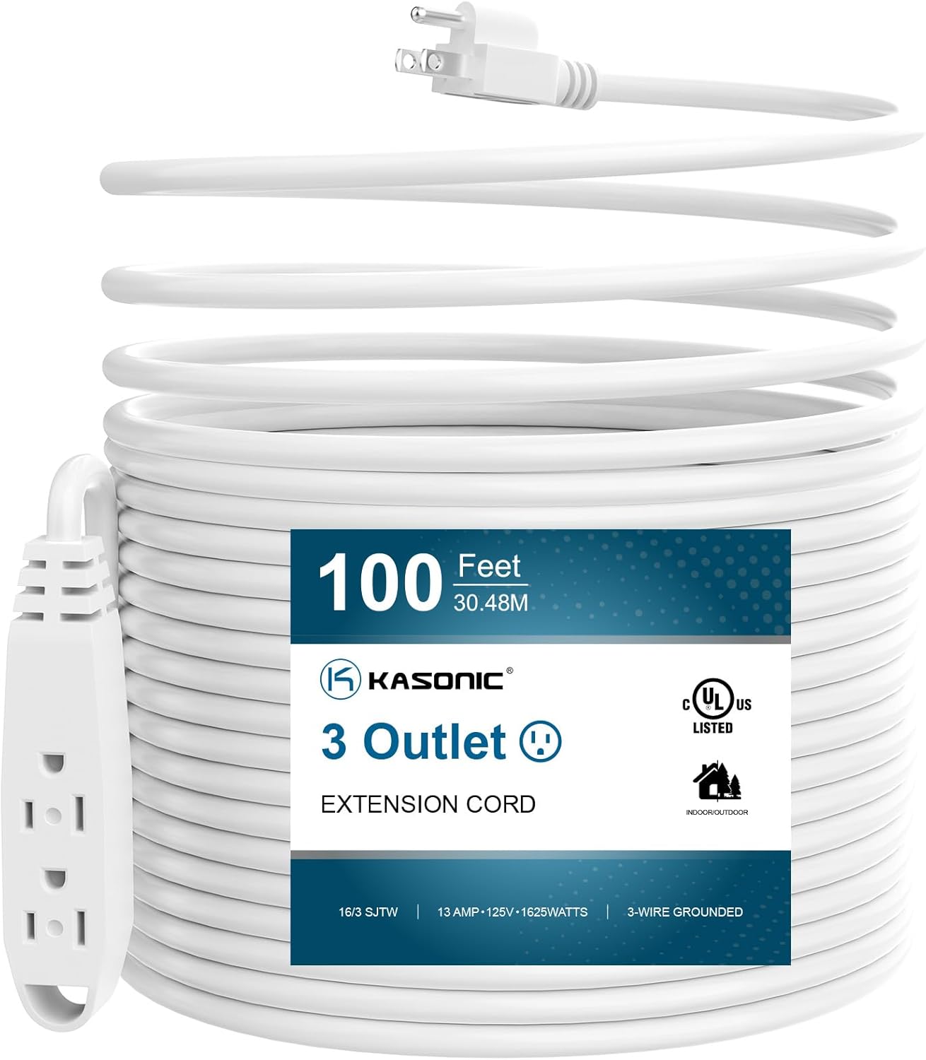 K KASONIC - 100-Feet 3 Outlet Extension Cord, UL Listed, 16/3 SJTW 3 ...