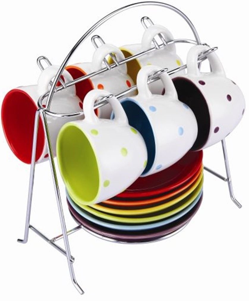 Set of 6 Coloured Spotty Espresso Coffee Tea Cups & Saucers with Chrome ...